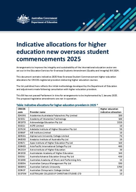 Indicative allocations for higher education new overseas student commencements 2025 - Department ...
